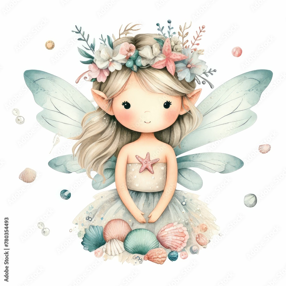 Sea fairy with seashell accessories. watercolor illustration, Perfect ...