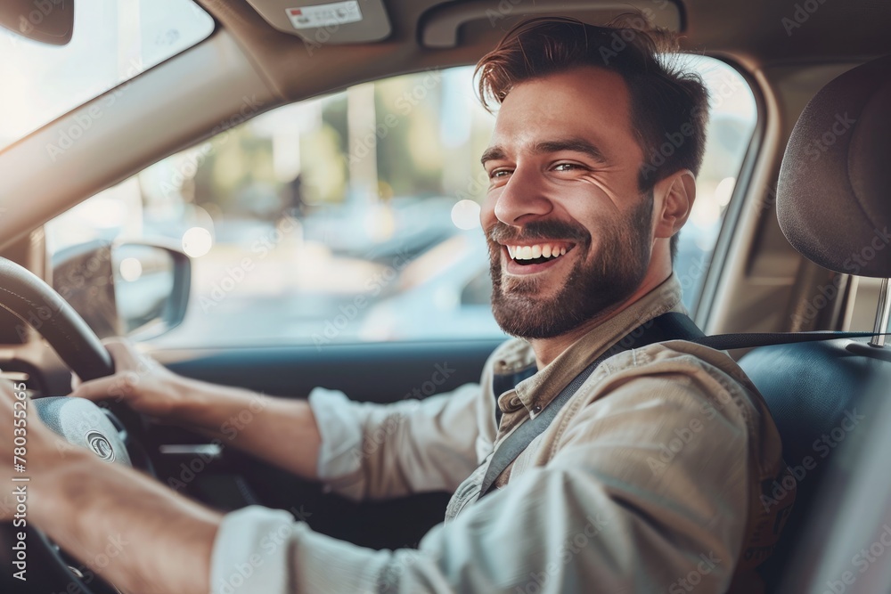 Handsome young man is driving a car and smiling driving a car with a ...