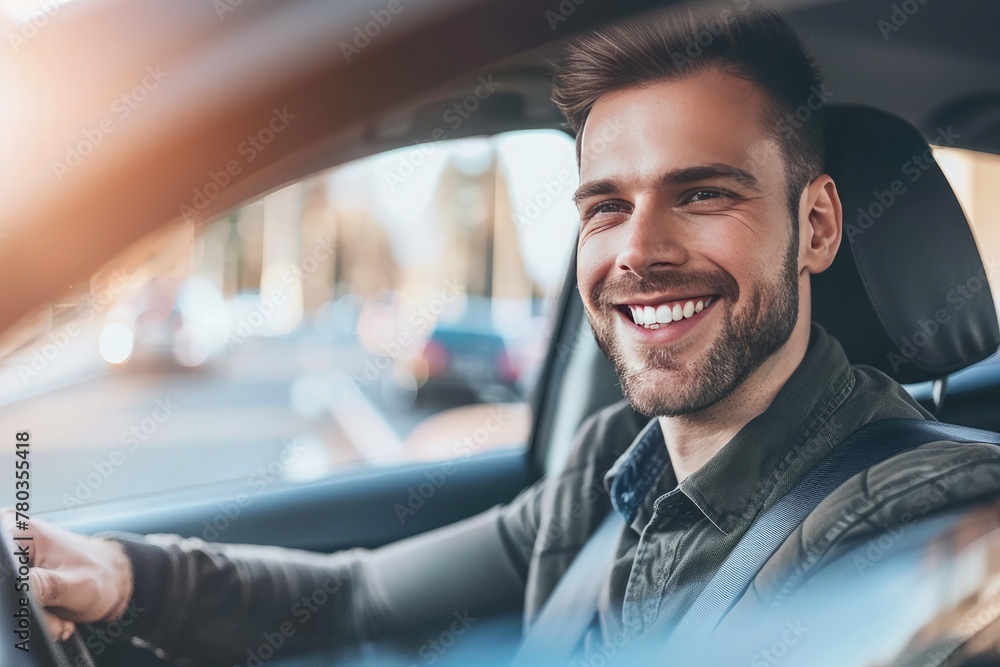Handsome young man is driving a car and smiling driving a car with a ...