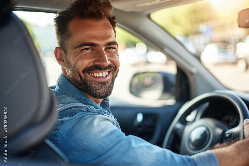 Handsome young man is driving a car and smiling driving a car with a ...