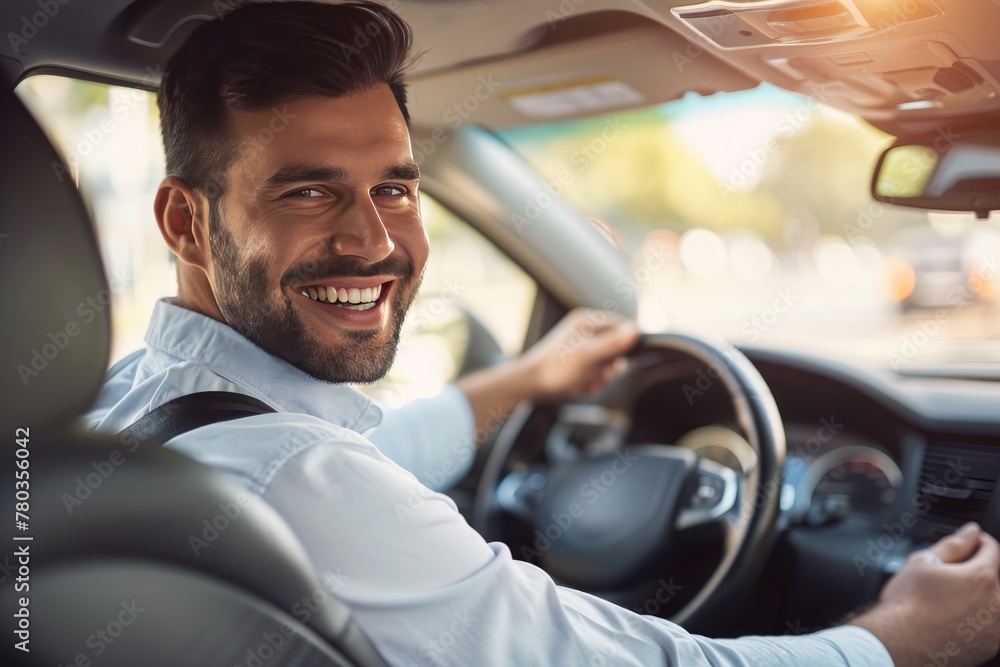 Handsome young man is driving a car and smiling driving a car with a ...