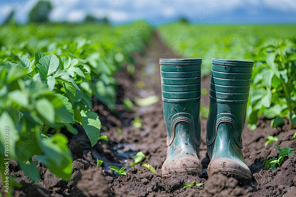 Green rain boots in a field, vegetable garden. Copy space. Potato ...