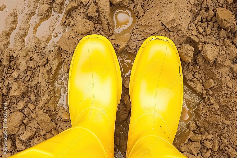 Top view of yellow rain boots standing on mud. A pair of bright yellow ...