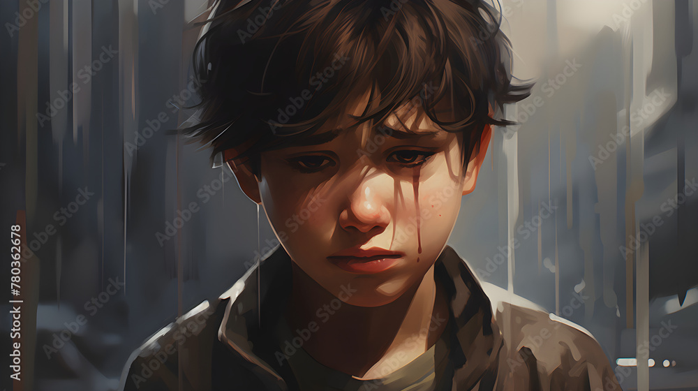Oil painting. Portrait of a little sad crying boy in the style of ...