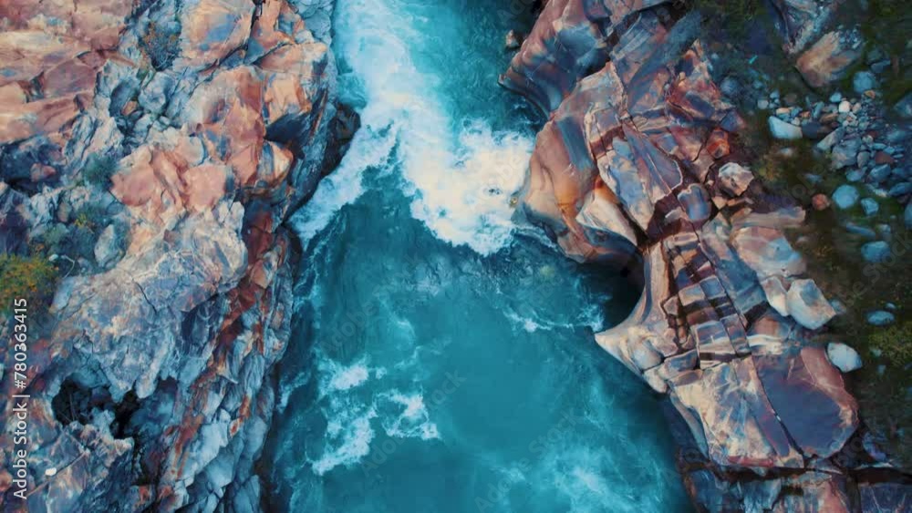 4K bird eye view of Pure clean blue water river in Himalayas. Bhaga ...