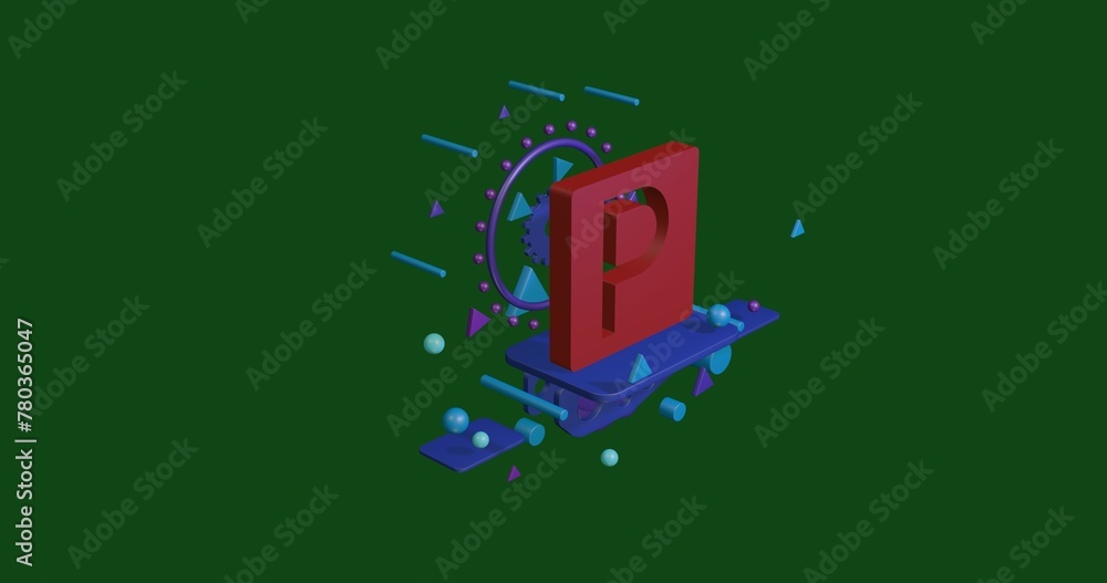 Red road parking sign on a pedestal of abstract geometric shapes ...