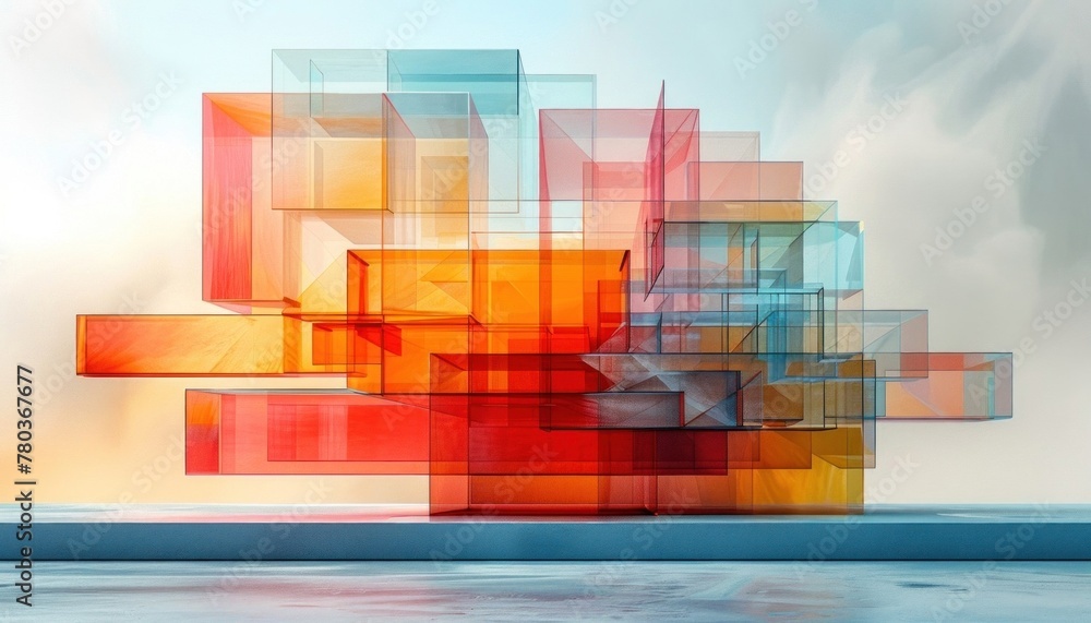 Colorful 3D rendering of stacked translucent glass blocks structure ...