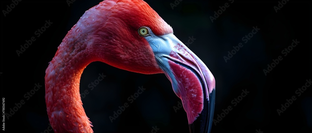 Flamingo with pink head and long bill against black background looking ...