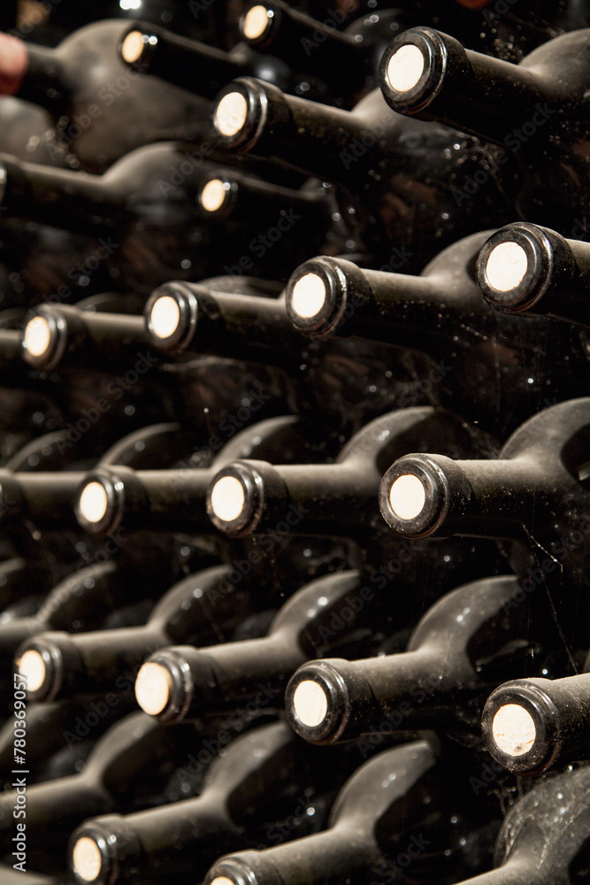 Rows of dusty wine bottles stacked in a cellar, captured in a detailed ...