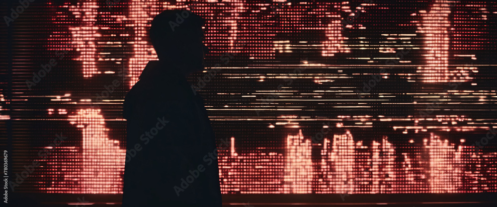A silhouette of a person standing in front of a giant digital screen ...