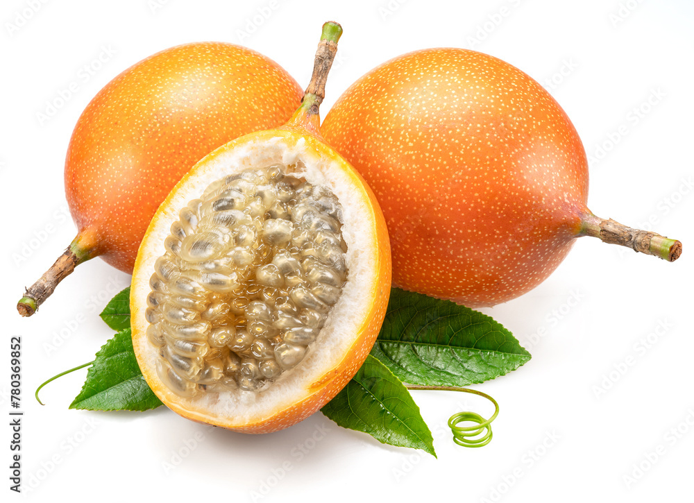 Granadilla and open granadilla with black seeds and gelatinous pulp ...
