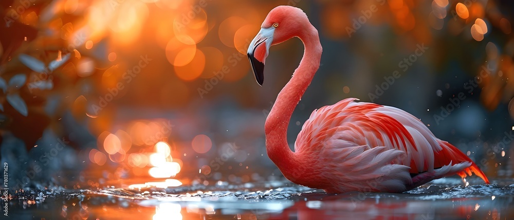 Flamingo wading in water at sunset head lowered legs submerged. Concept ...
