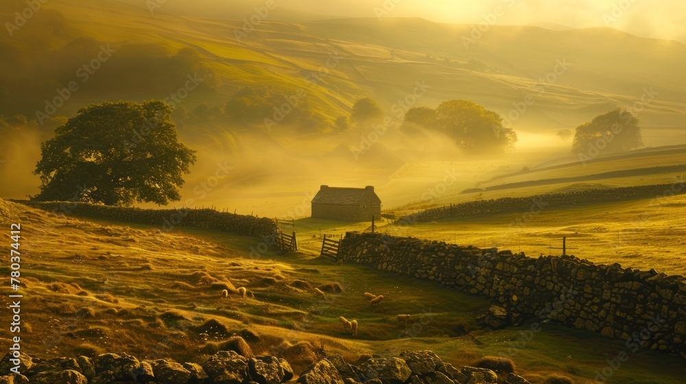 Golden misty light on old stone walls and rolling hills of the rural ...
