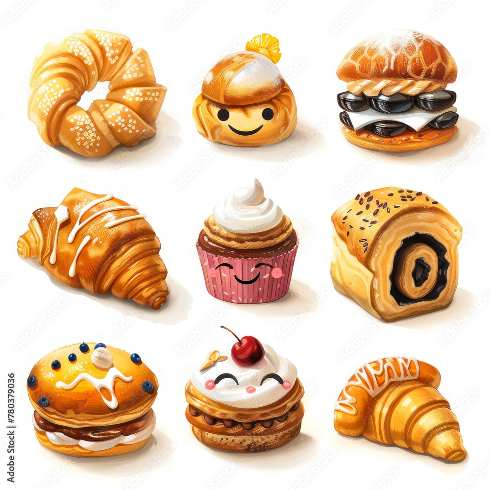 Cute Bakery and pastry watercolor illustration set with emotions on ...