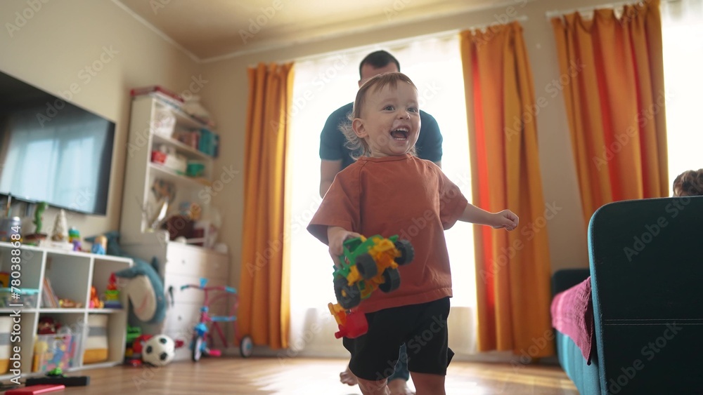 baby first steps with dad run. happy family a kid dream concept. dad ...