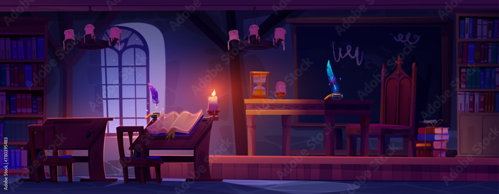 Magic school classroom interior at night. Vector cartoon illustration ...