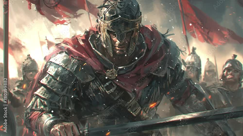 epic 3D render of a middle-aged warrior leading. seamless looping ...