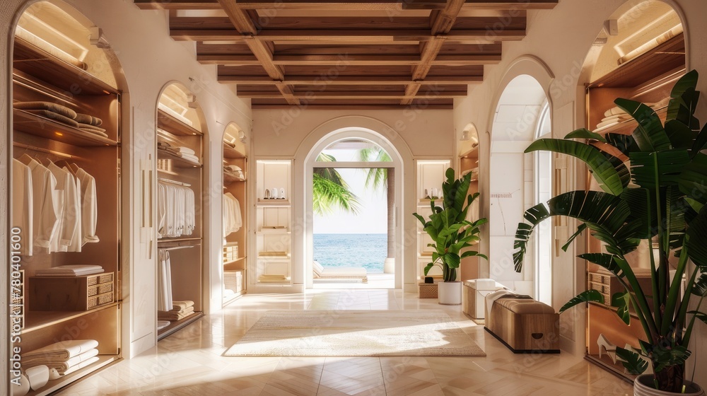 a Spanish Colonial Revival-style walk-in closet, featuring white walls ...