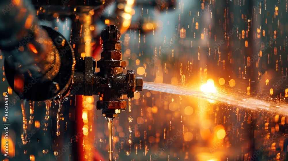 Fire Sprinklers Spraying with fire background. Fire sprinklers are part ...