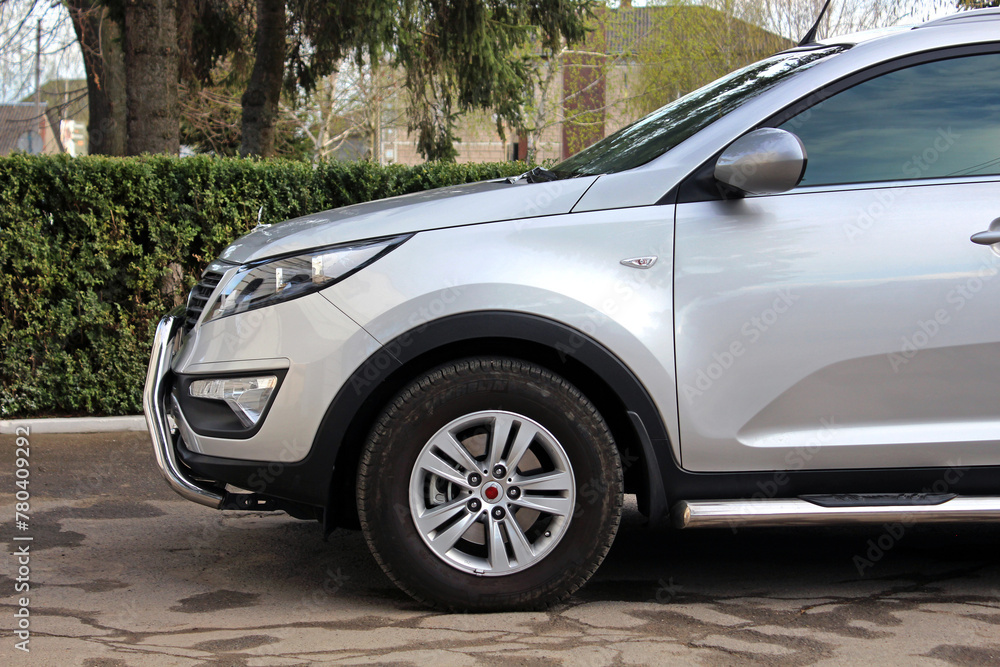 Vinnytsia, Ukraine; April 05, 2024. Grey Kia Sportage front side of the ...