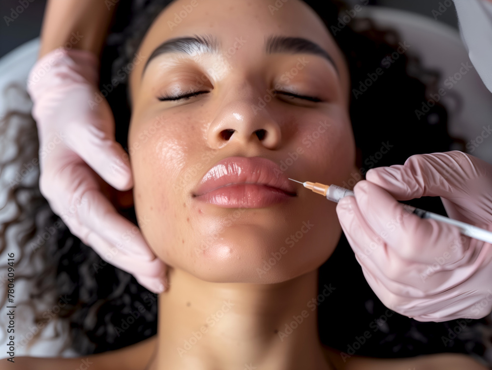 Dermal filler injection for fuller lips. Syringe adds volume to natural ...