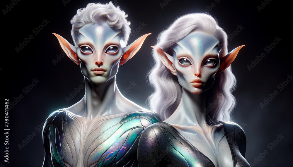Two ethereal aliens with large, expressive eyes and pointed ears, exude ...