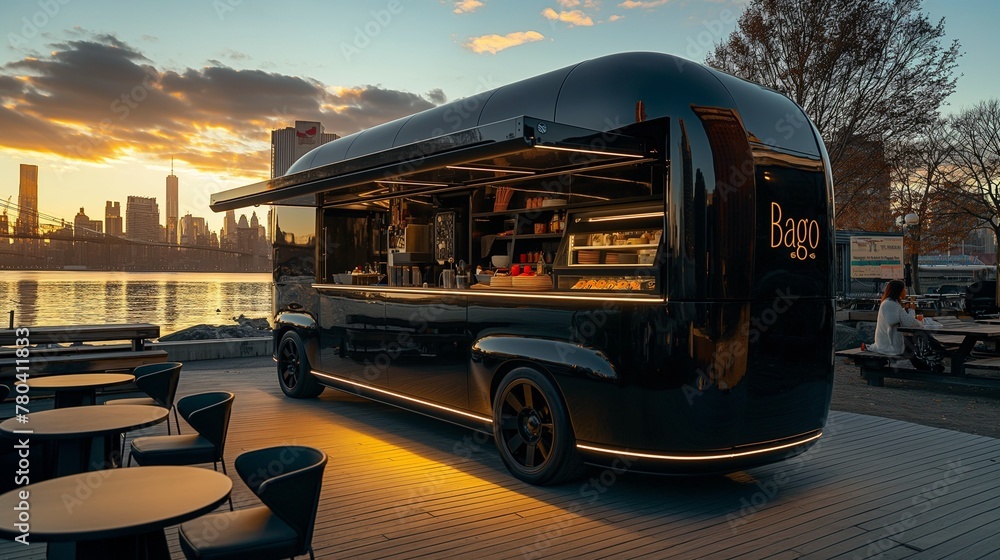 AI generated illustration of a black and gold food truck parked on a ...
