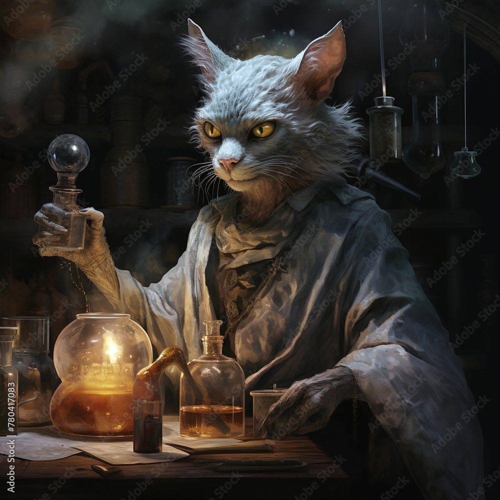 AI generated illustration of a lykoi cat as a potion master ...