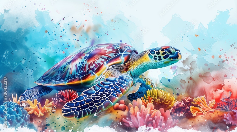 Watercolor illustration of a sea turtle swimming in the blue sea water ...