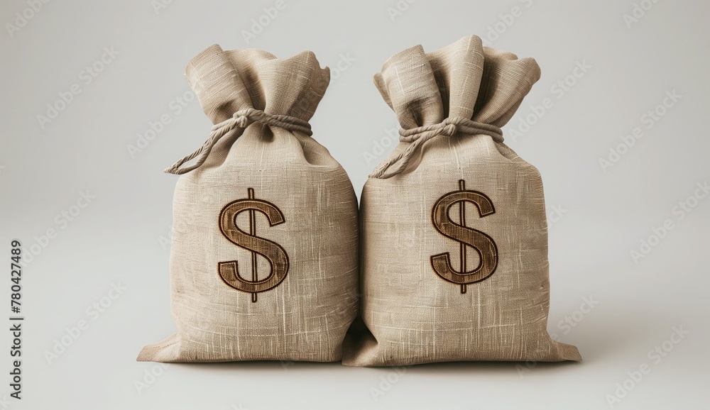 Two beige canvas money bags with dollar signs on a white background ...