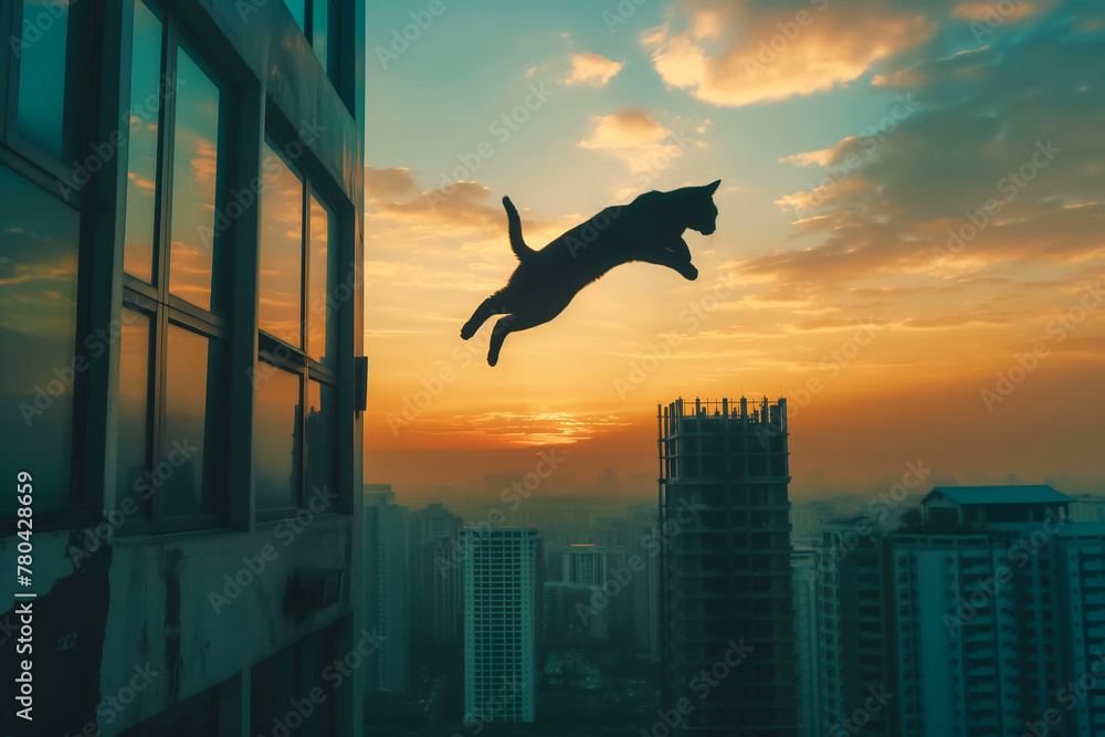AI generated illustration of a cat jumping from a high-rise window at ...
