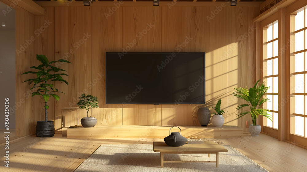 a mockup black screen TV on the wall in a wooden living room with a ...