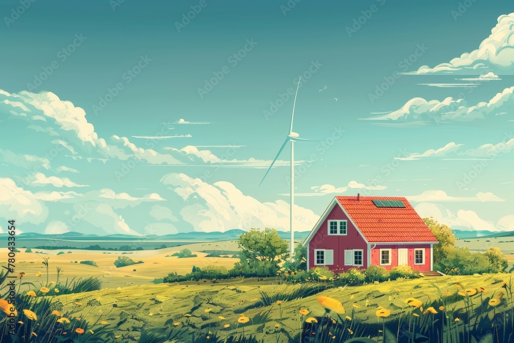 Stylized graphic design of a family home powered by small backyard wind ...
