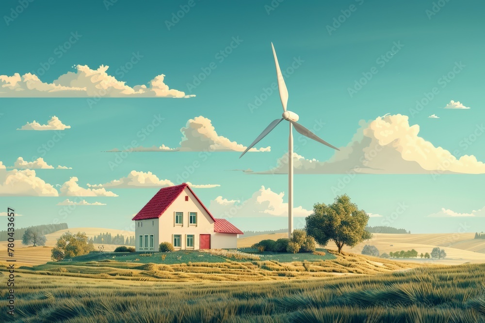 Stylized graphic design of a family home powered by a small backyard ...