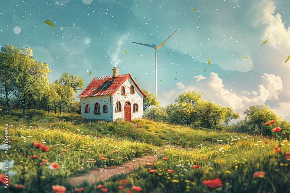 Stylized graphic design of a family home powered by small backyard wind ...