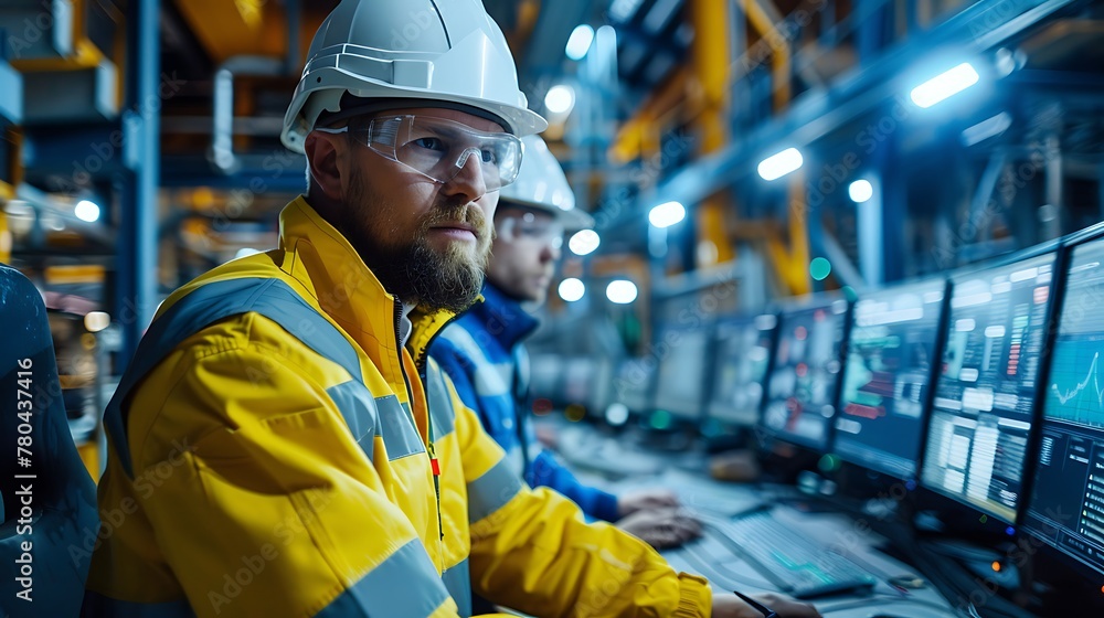 A high-tech control room with engineers wearing yellow safety jackets ...