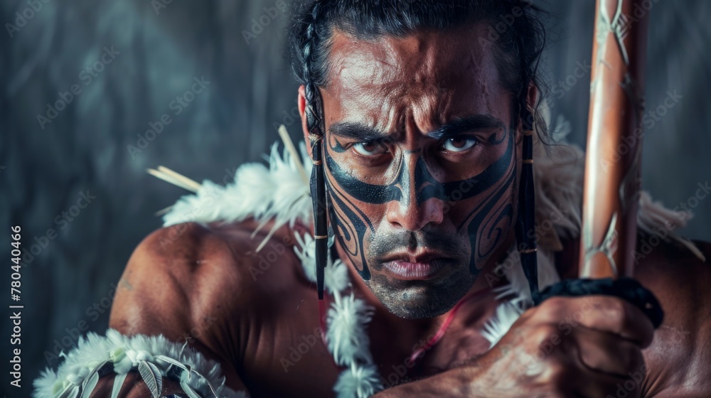 Maori warrior with indigenous tattoo displaying tribal tradition and ...