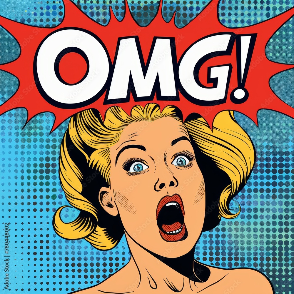 A woman with blonde hair and blue eyes is shocked with opened mouth and ...