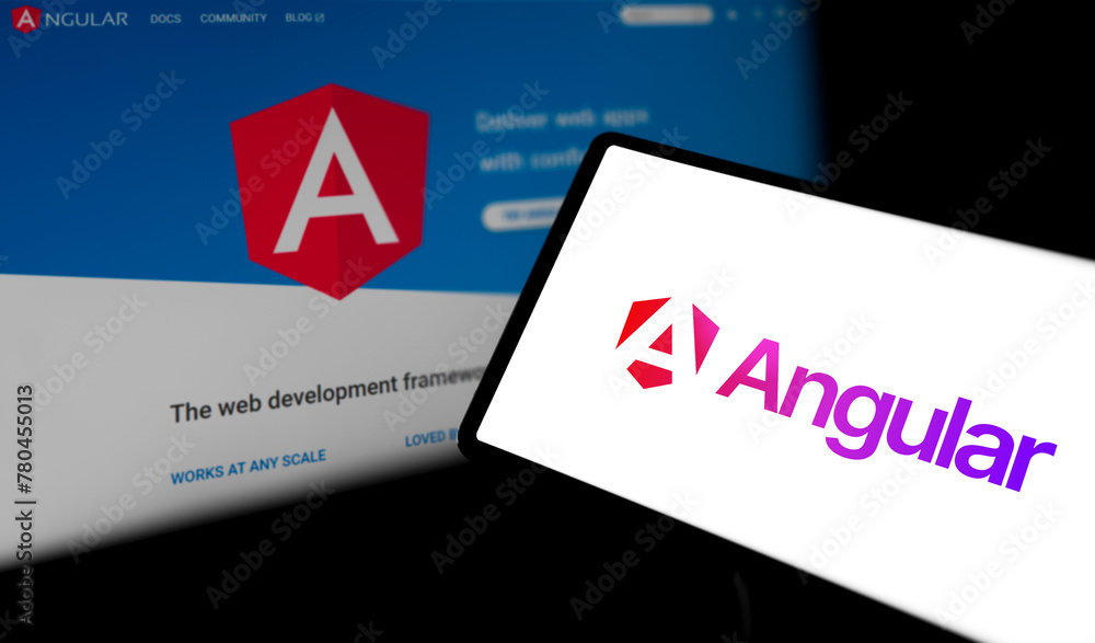 Dhaka, Bangladesh- 09 Apr 2024: Angular logo is displayed on smartphone. Developed by Google ...