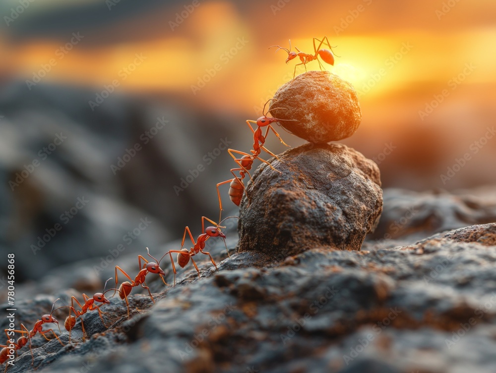Poster ants roll heavy stones uphill at rock, highly organized ant ...