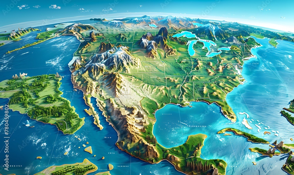 geography and topography of the USA through a detailed physical map ...