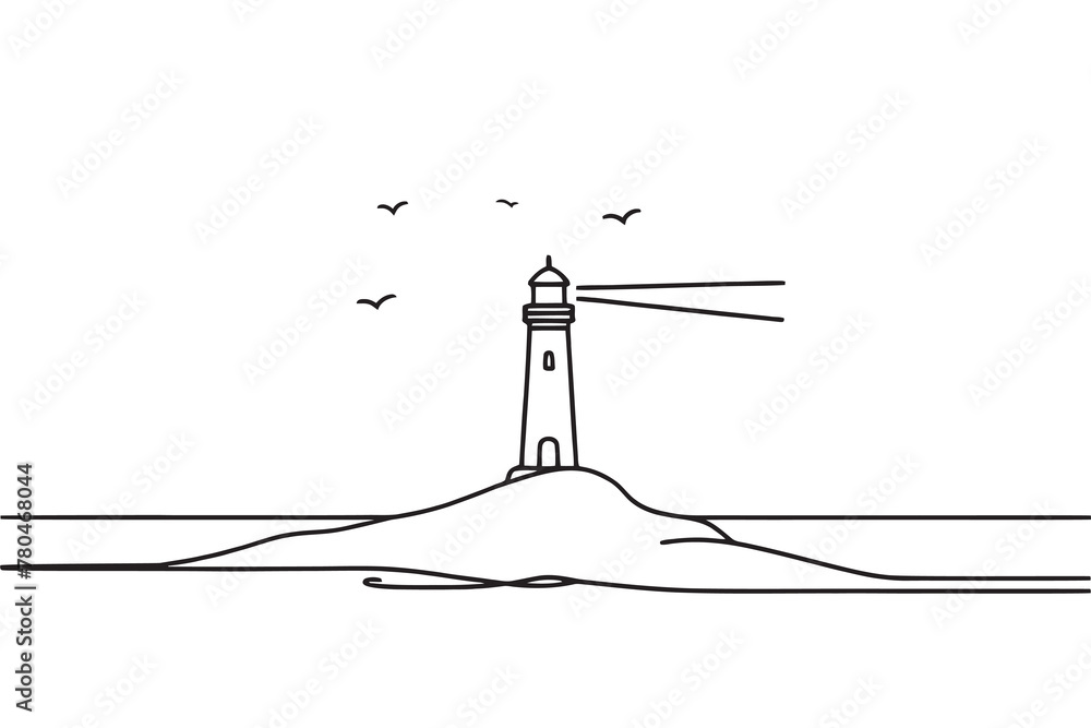 Continuous one simple line drawing of a lighthouse, silhouetted on a ...