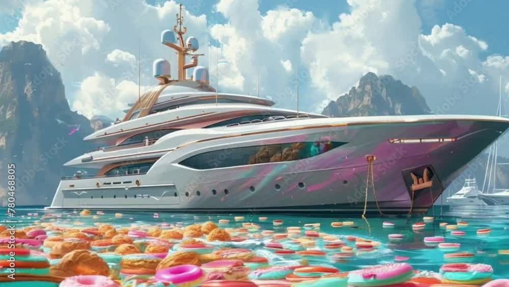 A large boat is in the water with a lot of colorful objects floating ...