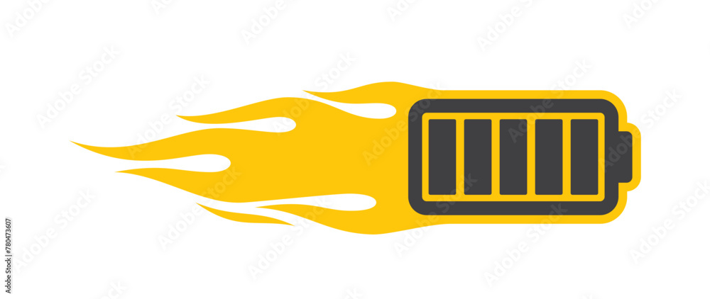 Vector black silhouette of flying yellow battery symbol with flames ...