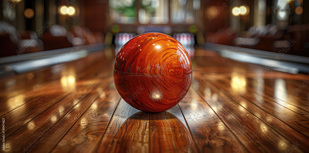 Bowling ball rolling down the center of an empty wooden bowling alley ...