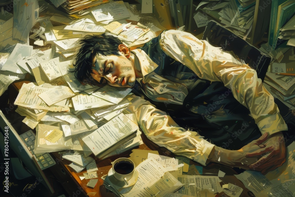 Exhausted office worker asleep amid a pile of paperwork and a desk ...