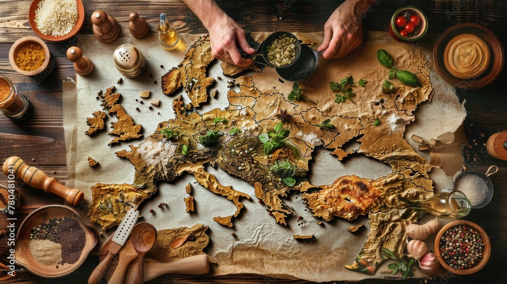 Map of Europe made from food ingredients and spices on parchment paper ...