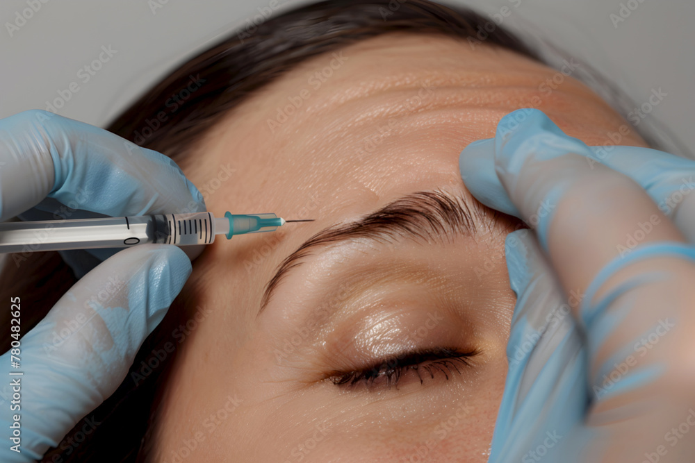 Forehead filler injection. Expert applying anti-wrinkle injections ...