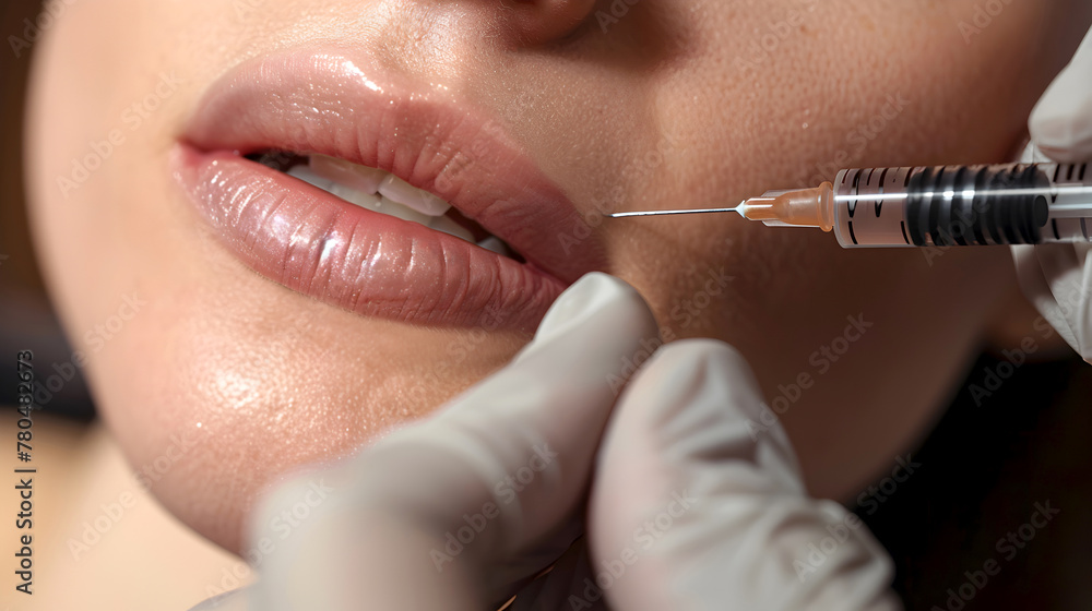 Lip filler injection close-up, precise beautification procedure. Glossy ...