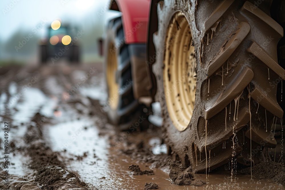 Tractors working in the field on a rainy day. A tractor with large ...